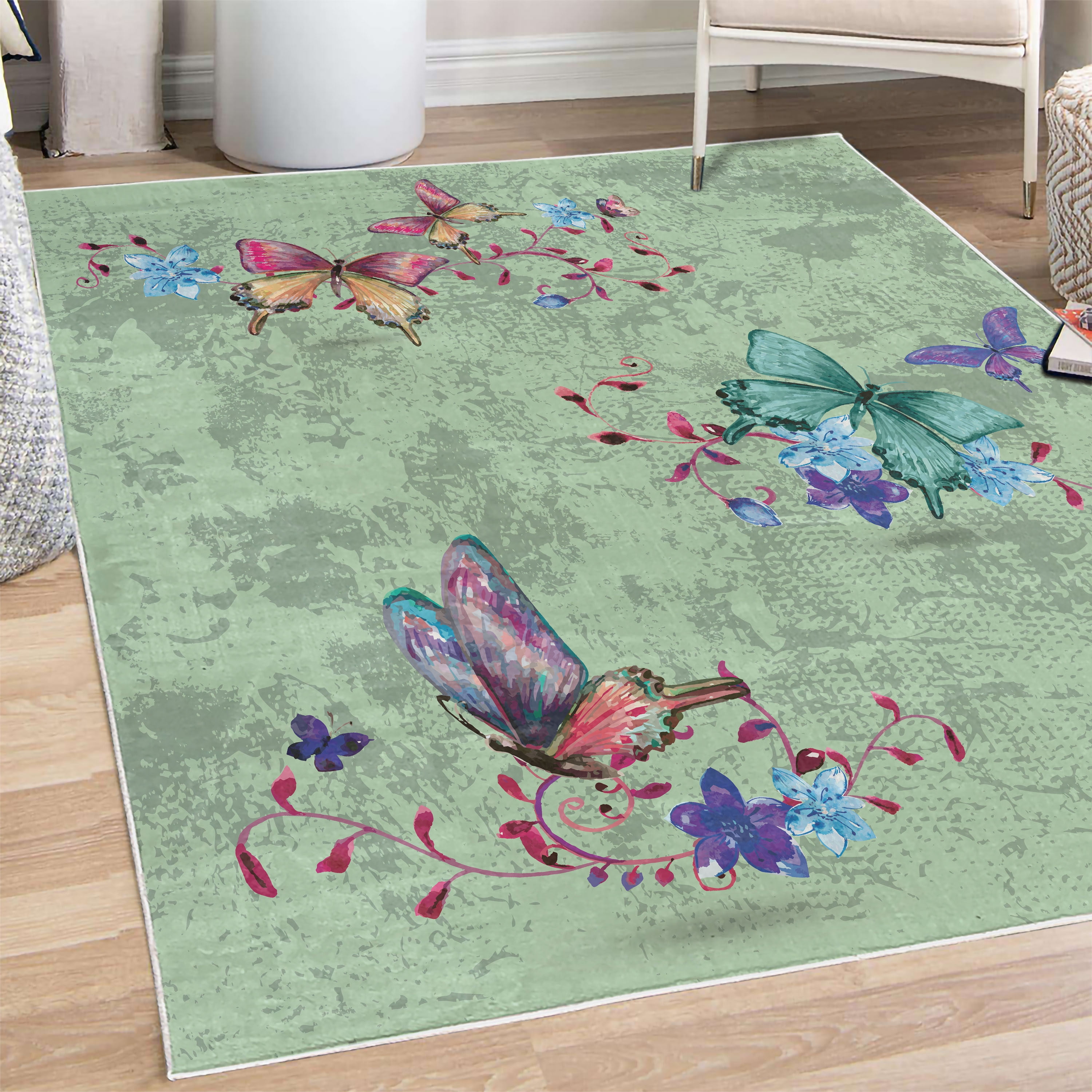 Butterfly Decorative Rug, Springtime Flying Moths on Vintage Style ...