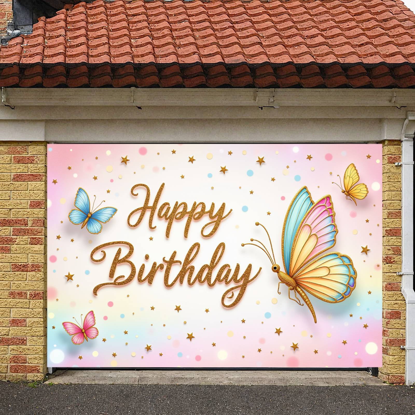 Butterfly Design Banner Gold Glitter Butterfly Birthday Display Star ...