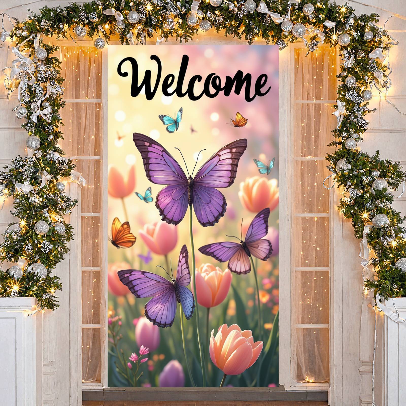 Butterfly Design Welcome Banner Floral Pattern Garden Backdrop Pink ...