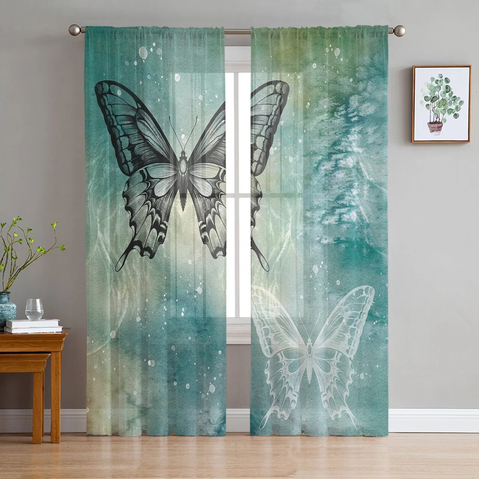Butterfly Dot Gradient Wings Tulle Window Treatment Sheer Curtains for ...