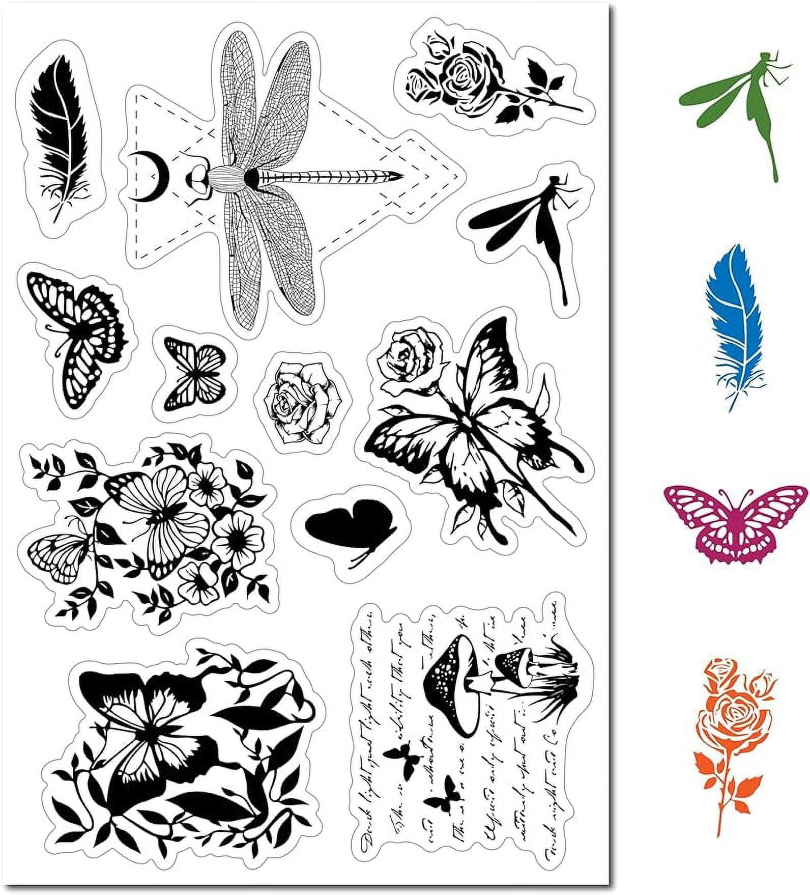 Butterfly Dragonfly Clear Rubber Stamps Vintage Flowers Mushroom Insect ...
