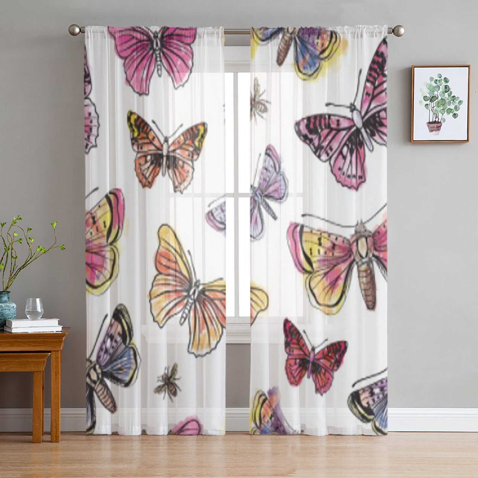 Butterfly Dragonfly Pattern Sheer Curtain for Living Room Bedroom Voile ...