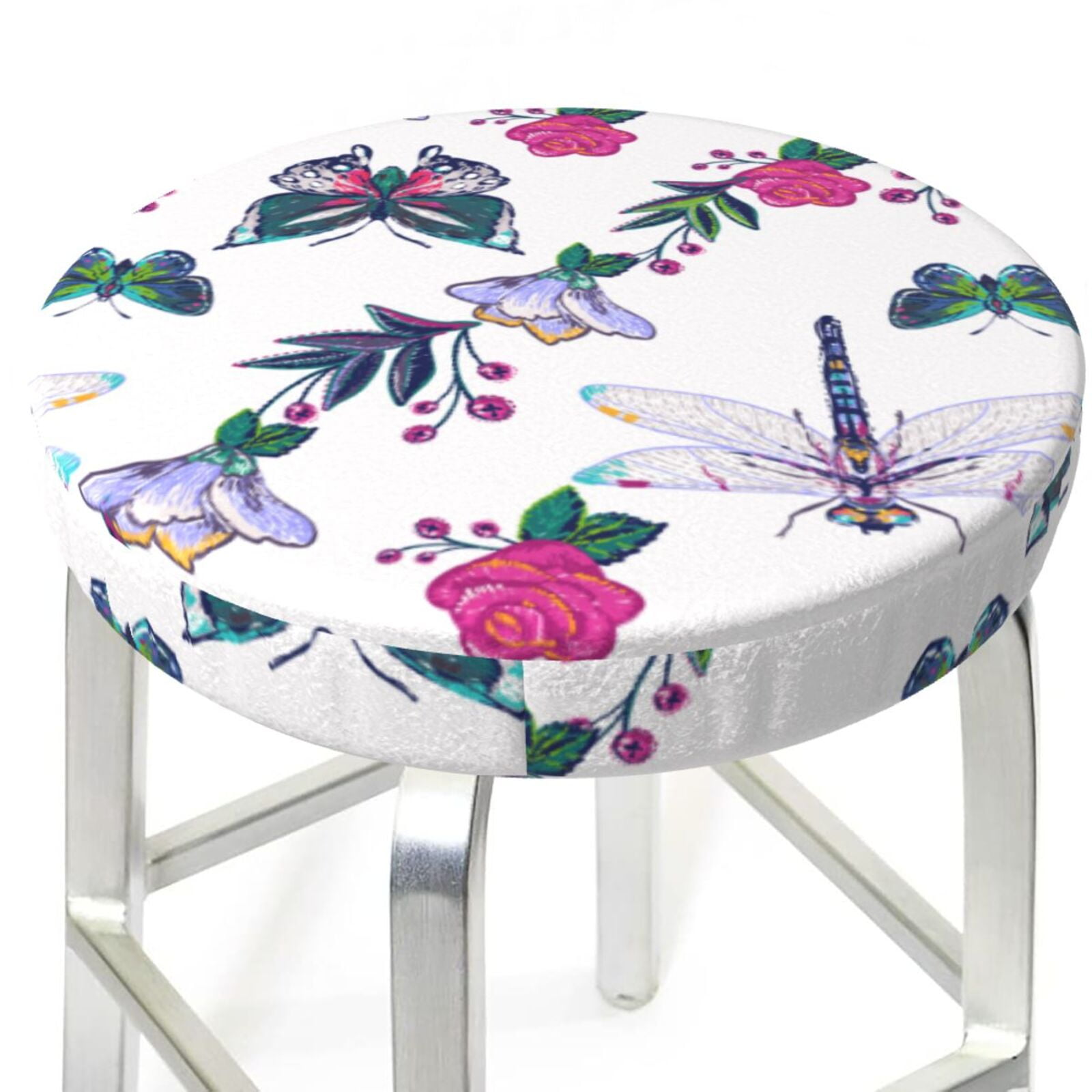 Butterfly Dragonfly Plants Bar Stool Covers Round - Washable Round Seat Covers Cushion with ...