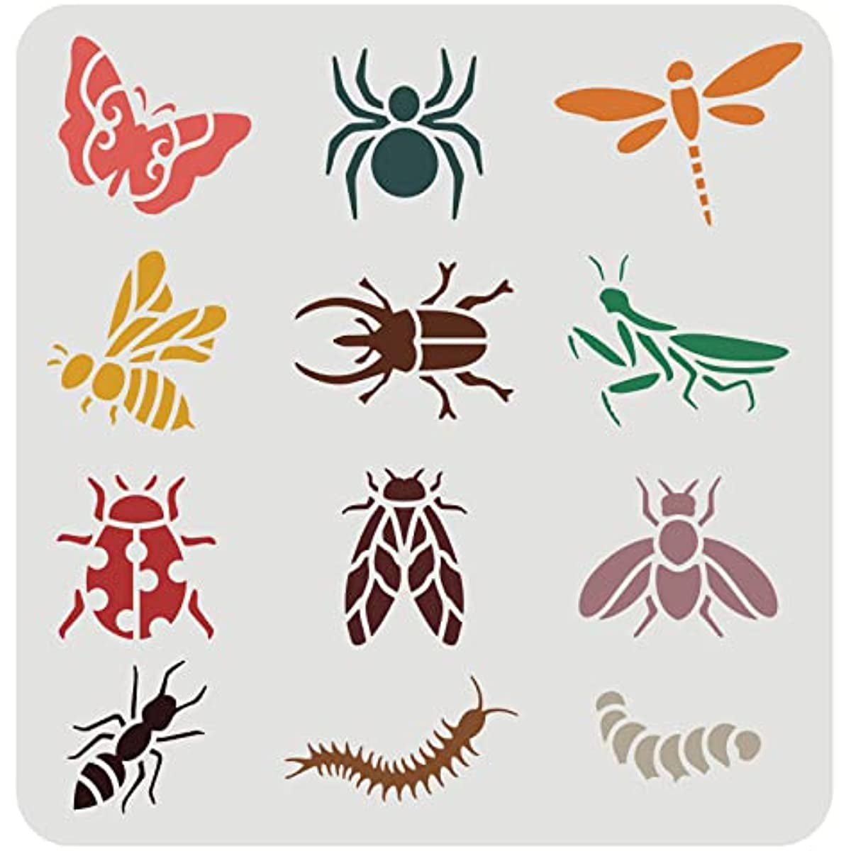 Butterfly Dragonfly Stencil 11.8x11.8 inch Bee Ant Spider Worm Cockroach 12 Patterns Animal ...
