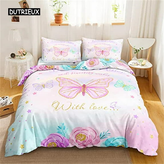 Butterfly Duvet Cover Blue Purple Butterflies Flower Comforter Cover ...