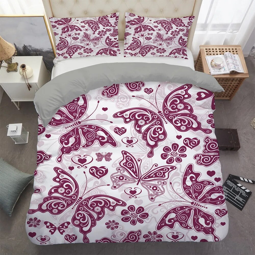 Butterfly Duvet Cover Set 3D Print Purple Insect Dreamy Light King ...