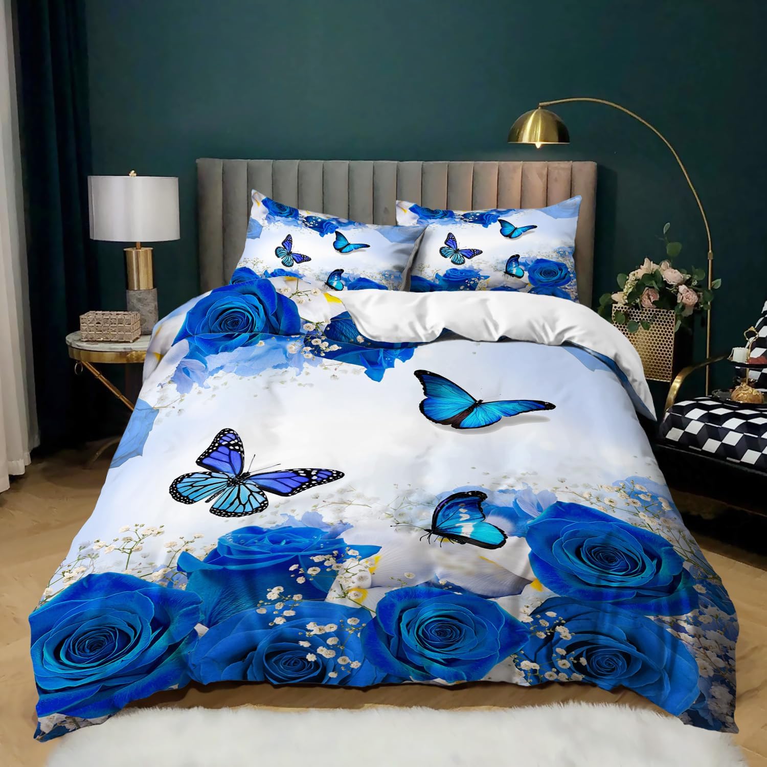 Butterfly Duvet Cover Set, Blue Rose Bedding Set,Romantic Floral ...