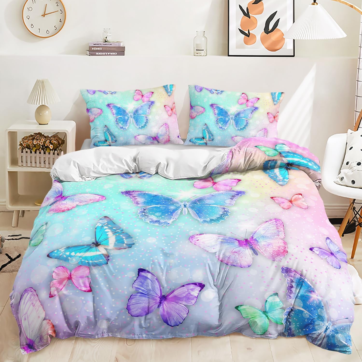 Butterfly Duvet Cover Set Full Size Watercolor Lavender Flowers Kids ...