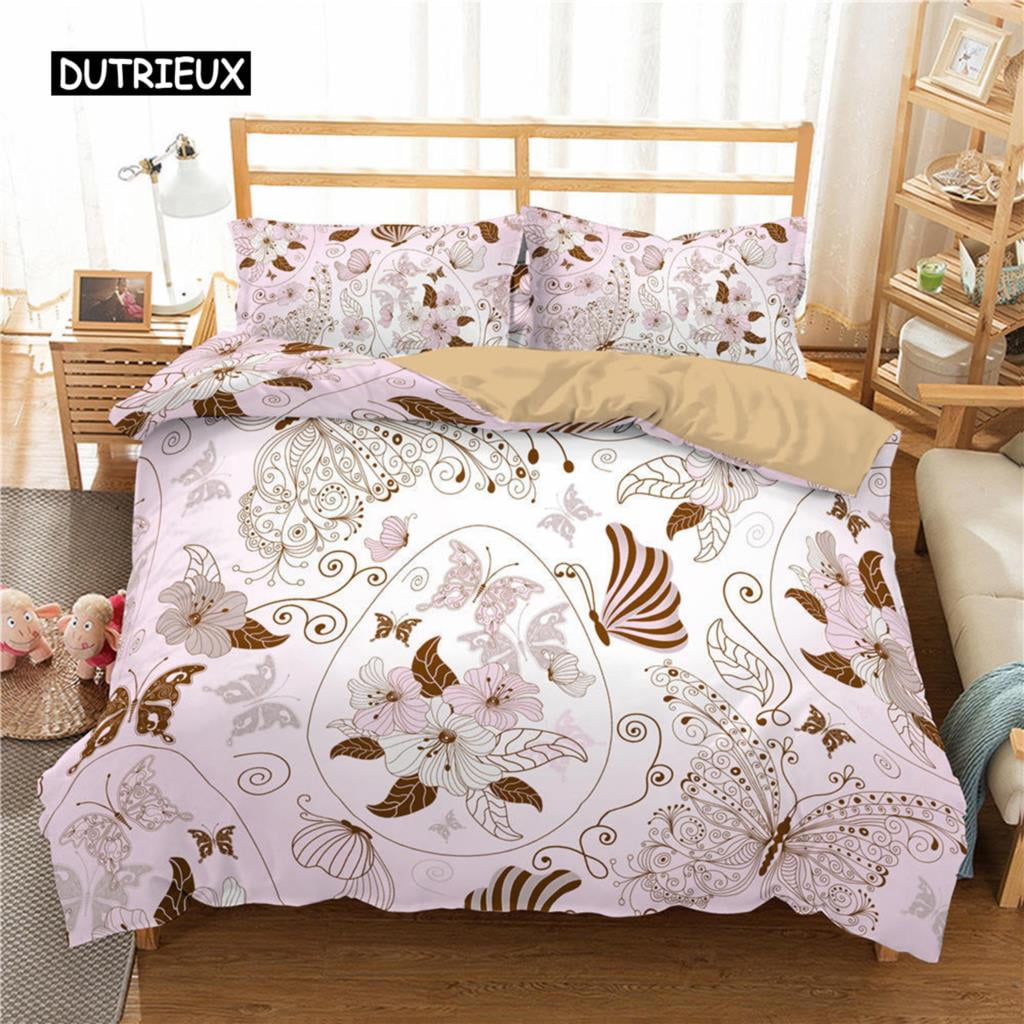 Butterfly Duvet Cover Set King Size Pink Butterfly Peach Blossom Quilt Cover for Teen Microfiber ...