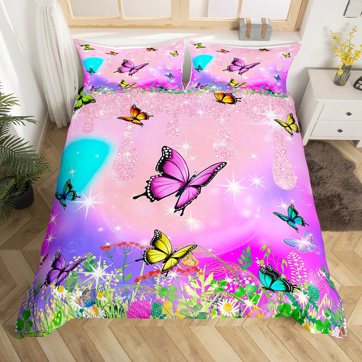 Butterfly Duvet Cover Twin,Watercolor Pink Ink Bedding Set for Girls ...