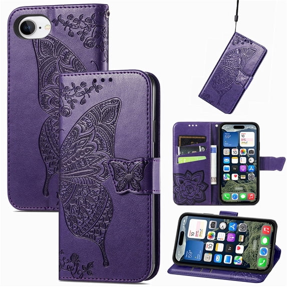 Butterfly Embossed Wallet Case for iPhone 16e/17e, PU Leather Flip ...