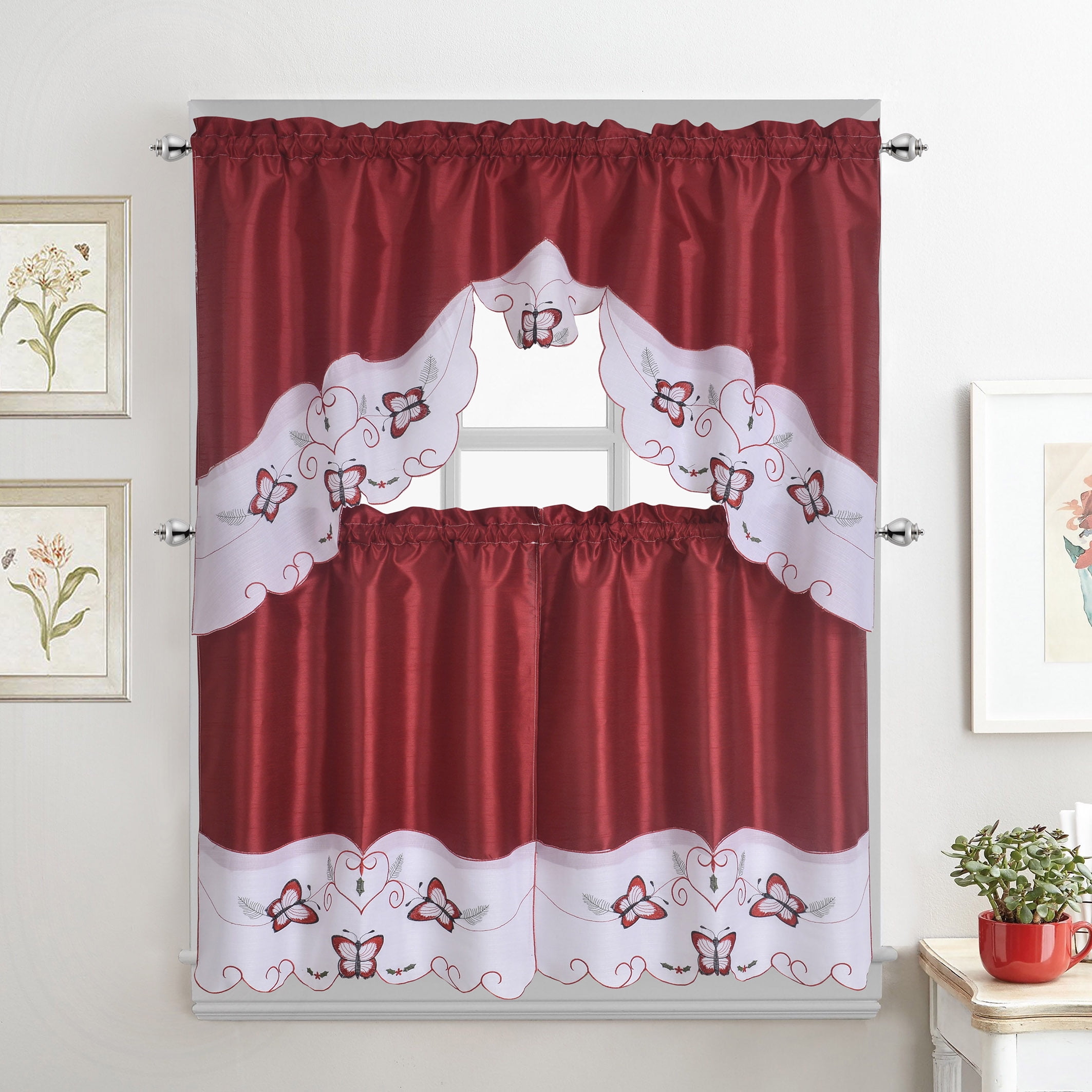 Butterfly Embroidered 3-Piece Kitchen Curtain Tiers & Swag Set, Red ...