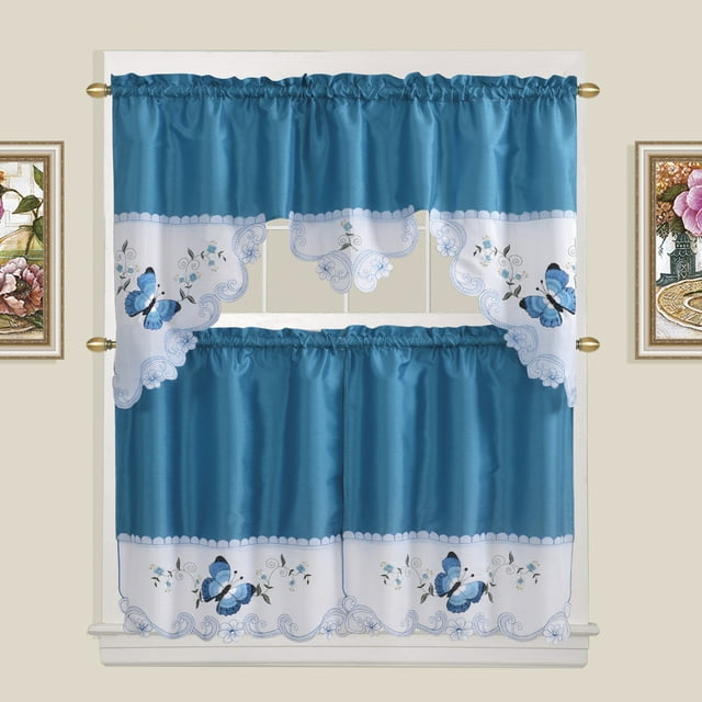 Butterfly Embroidered 3-Piece Kitchen Curtain Tiers & Swag Set ...