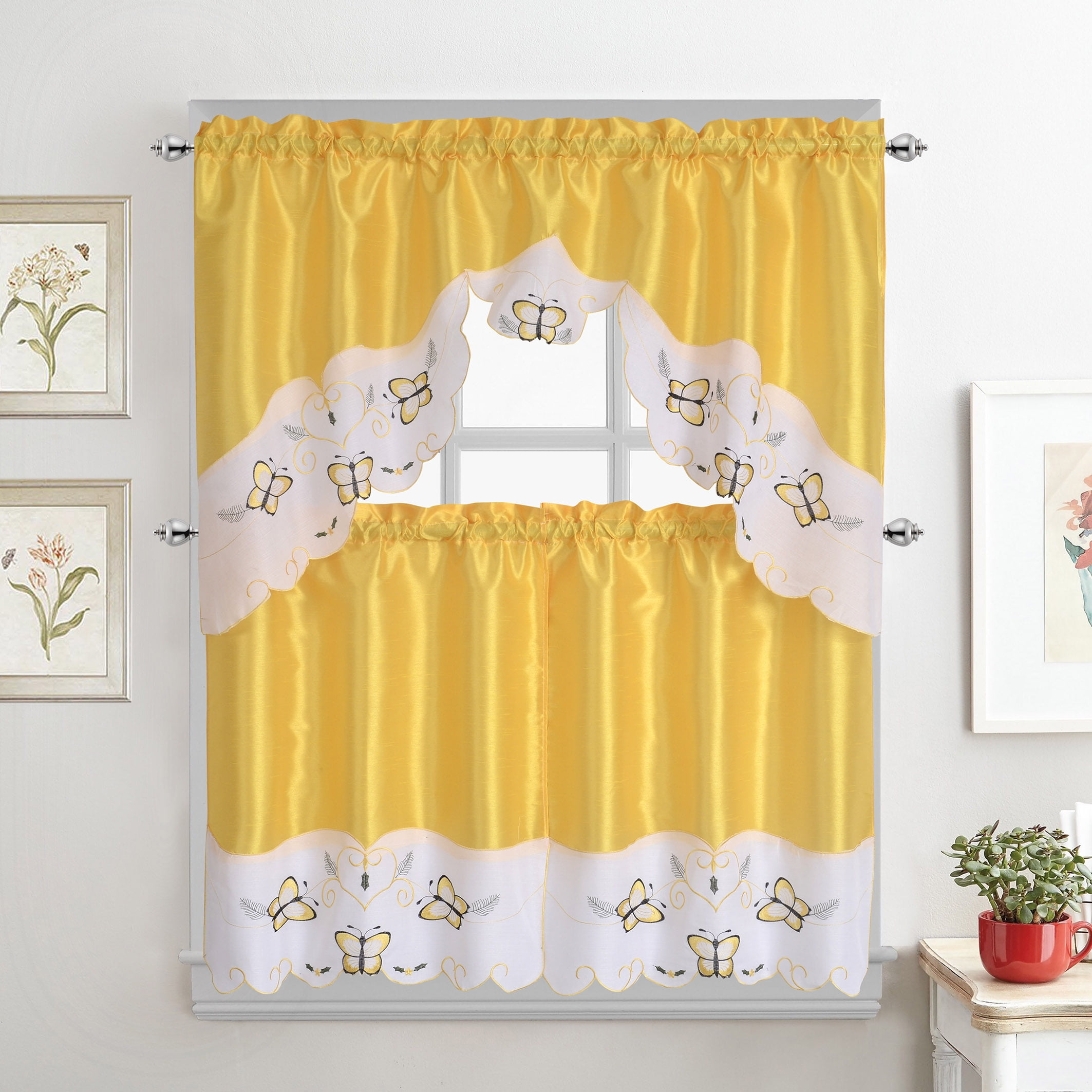 Butterfly Embroidered 3-Piece Kitchen Curtain Tiers & Swag Set, Yellow ...