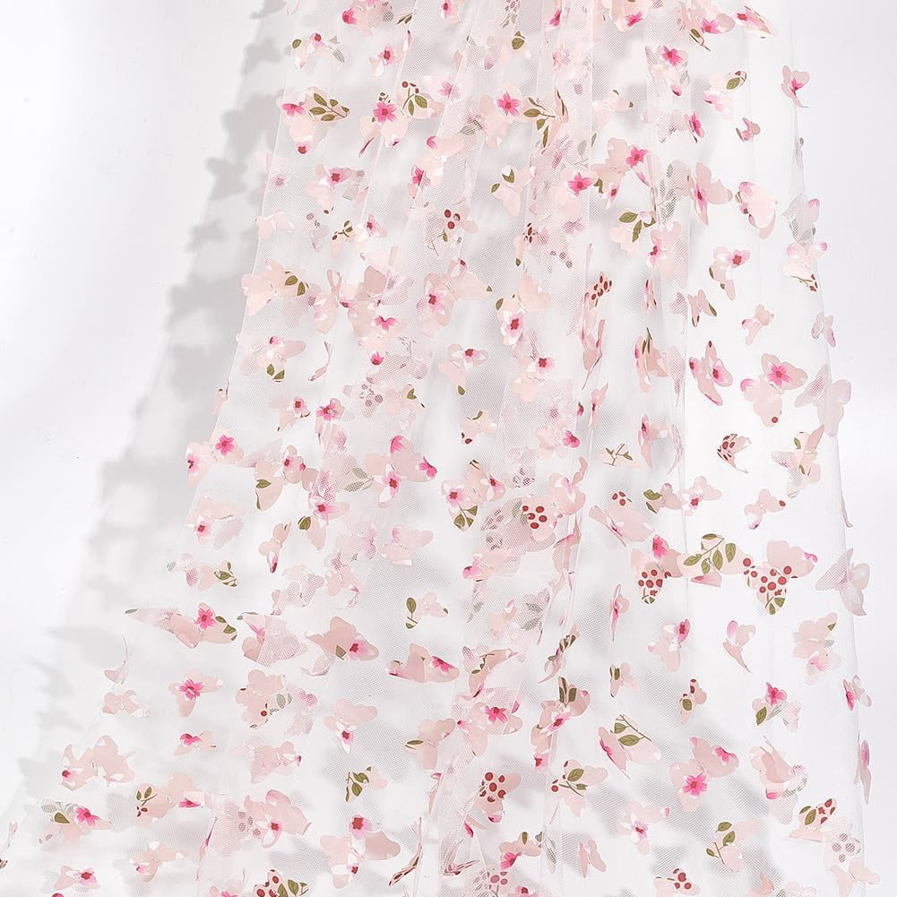 Butterfly Embroidered Fabric Pink Gradient 3D Butterflies Mesh Net ...