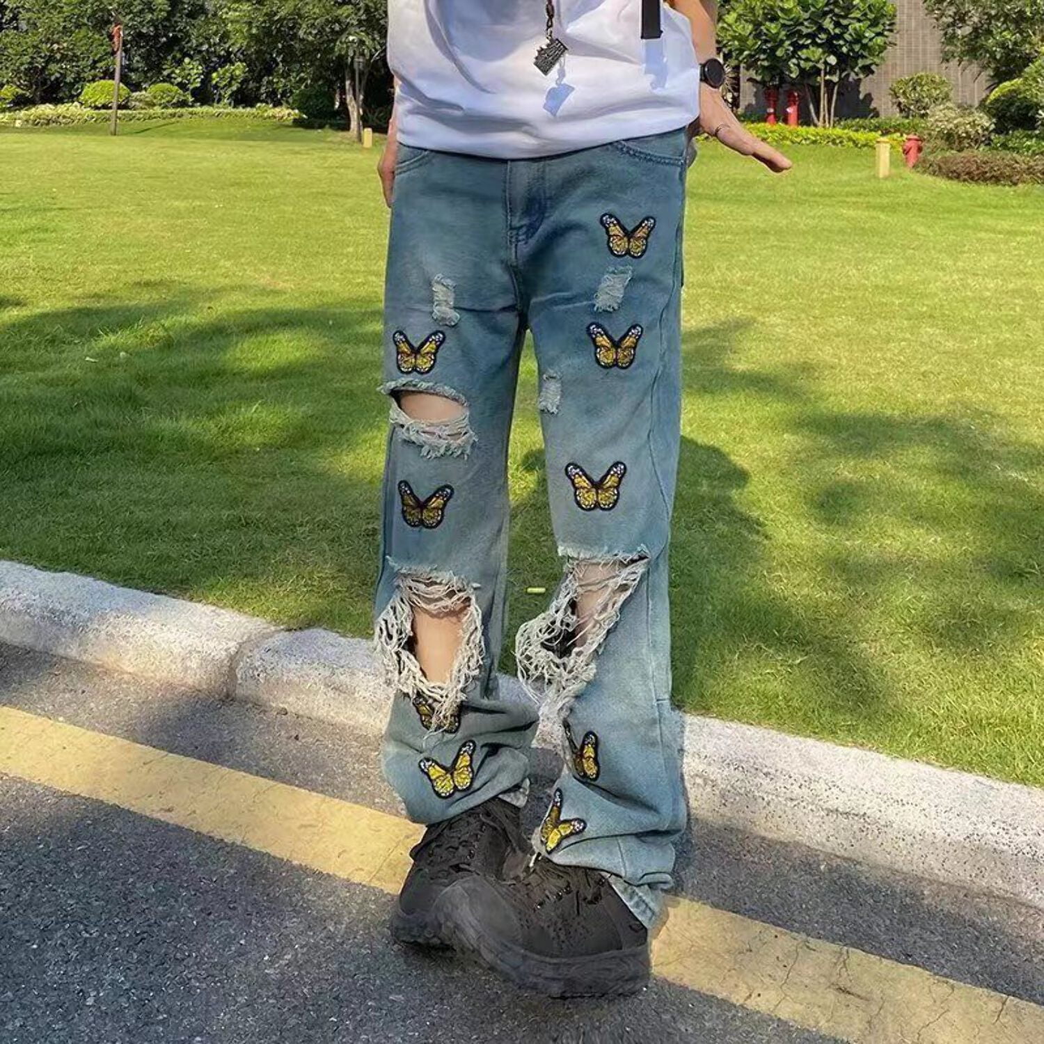 Butterfly Embroidered Torn Jeans For Men - Walmart.com