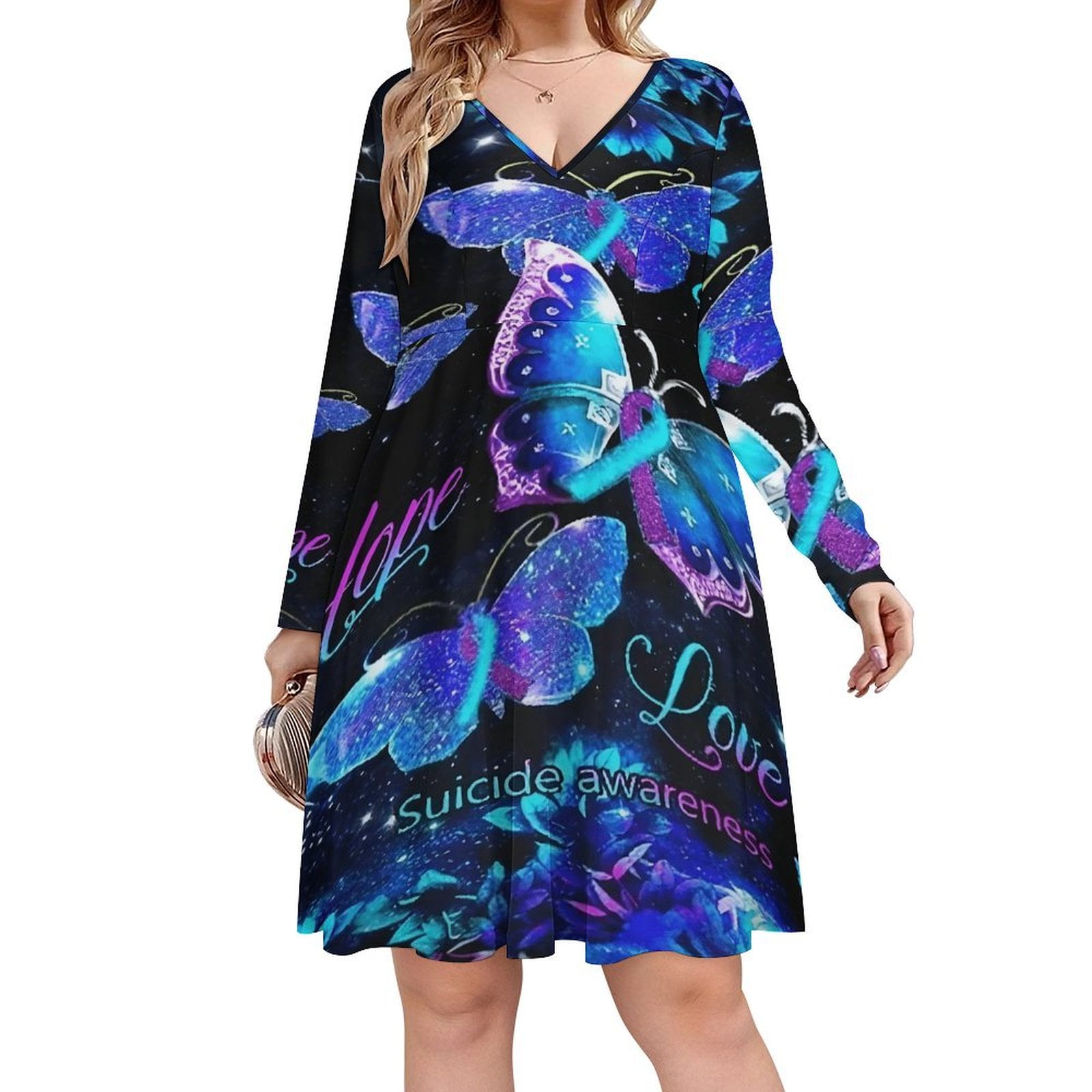 Butterfly Faith Hope Love Long Sleeve Dresses For Women Vintage Elegant Party Dress Oversized V ...