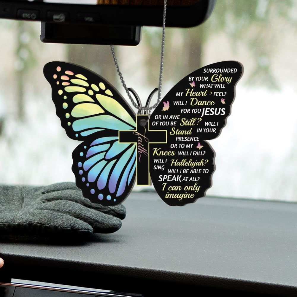 Butterfly Faith Wooden Rear View Mirror Car Charm Inspirational Saying ...