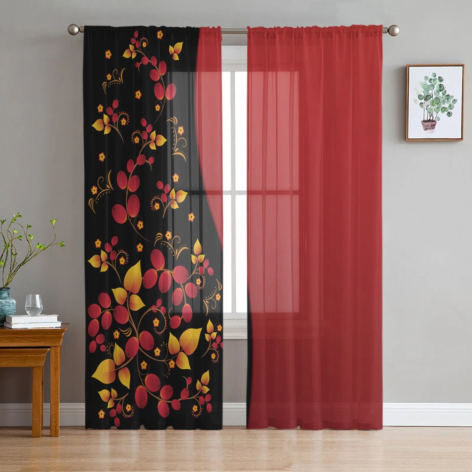 Butterfly Fallen Leaves Red Sheer Curtains For Living Room Bedroom ...