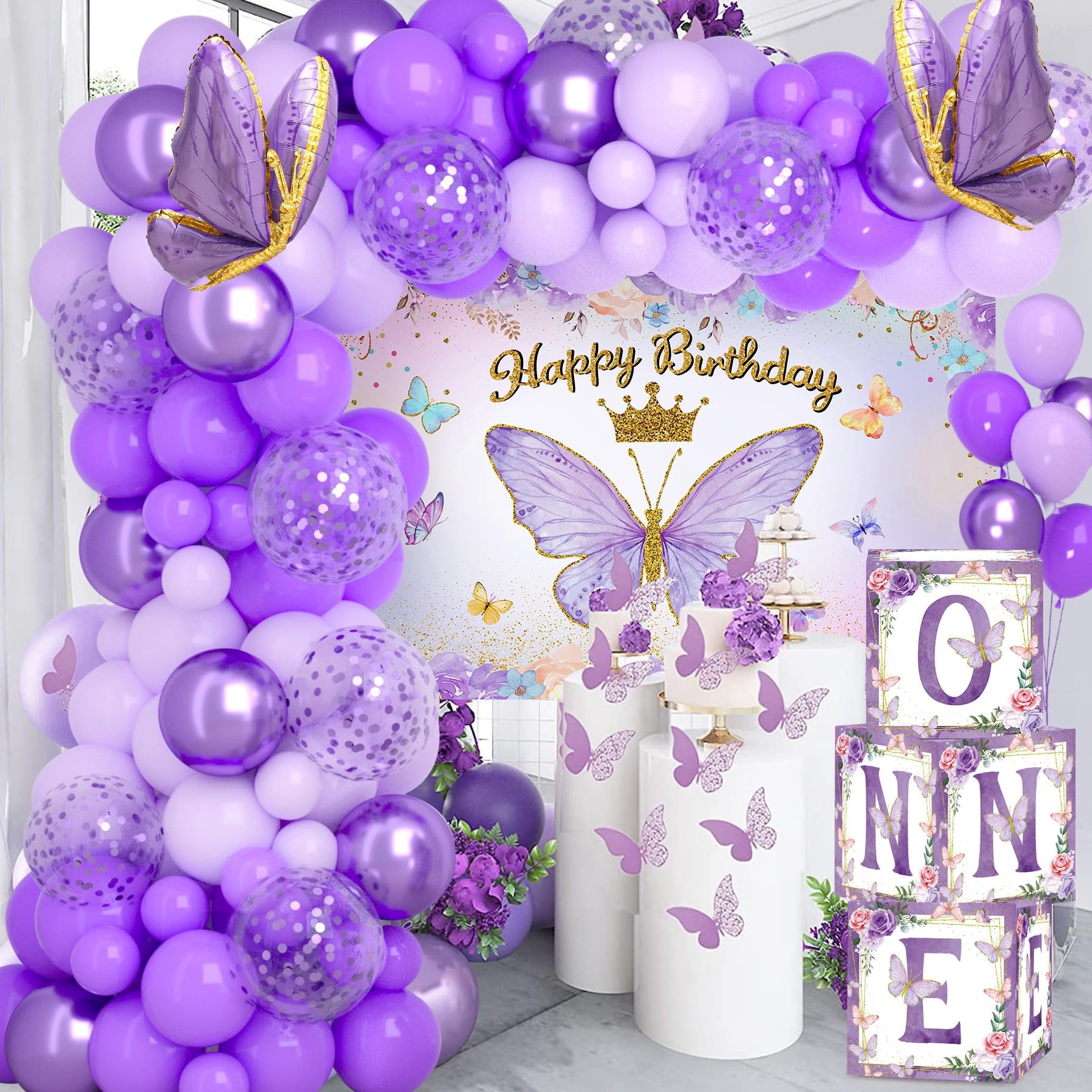 Butterfly First Birthday FEV6 Decorations for Girl, Purple Butterfly Themed 1st Birthday Party ...