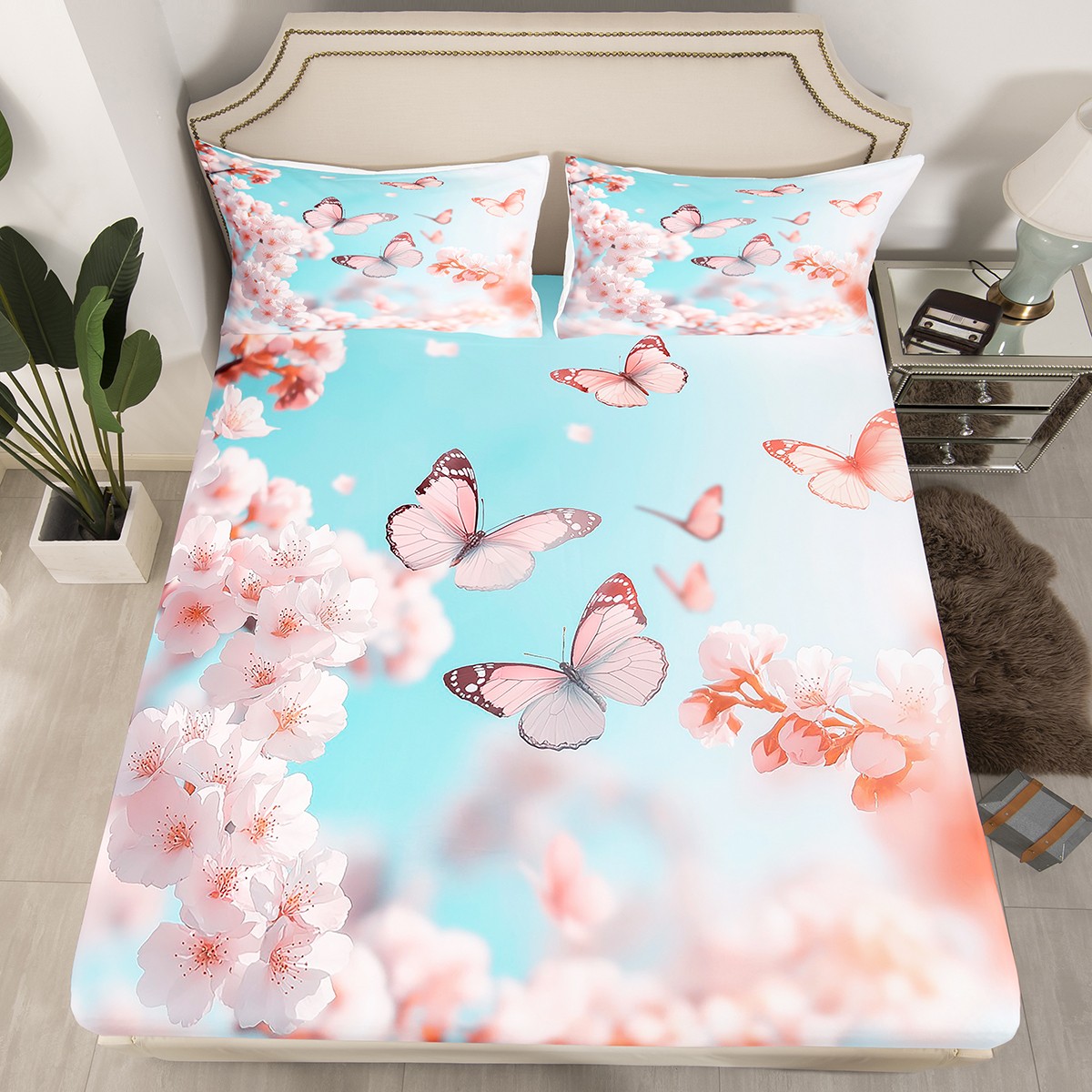 Butterfly Fitted Sheet Cherry Blossom Bed Sheets Queen,Rustic Aesthetic ...