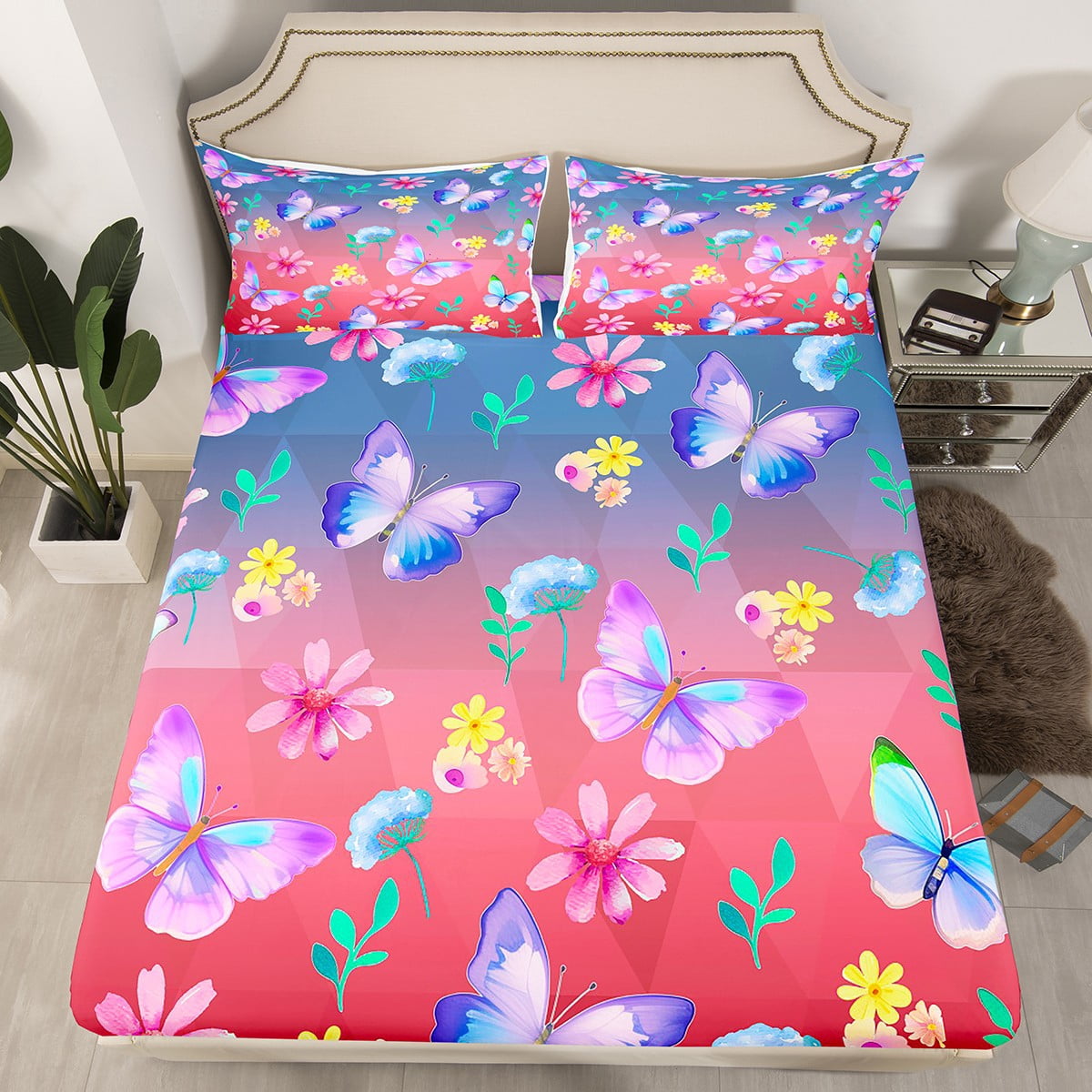 Butterfly Fitted Sheet Watercolor Butterflies Bed Sheets Full,Rainbow ...