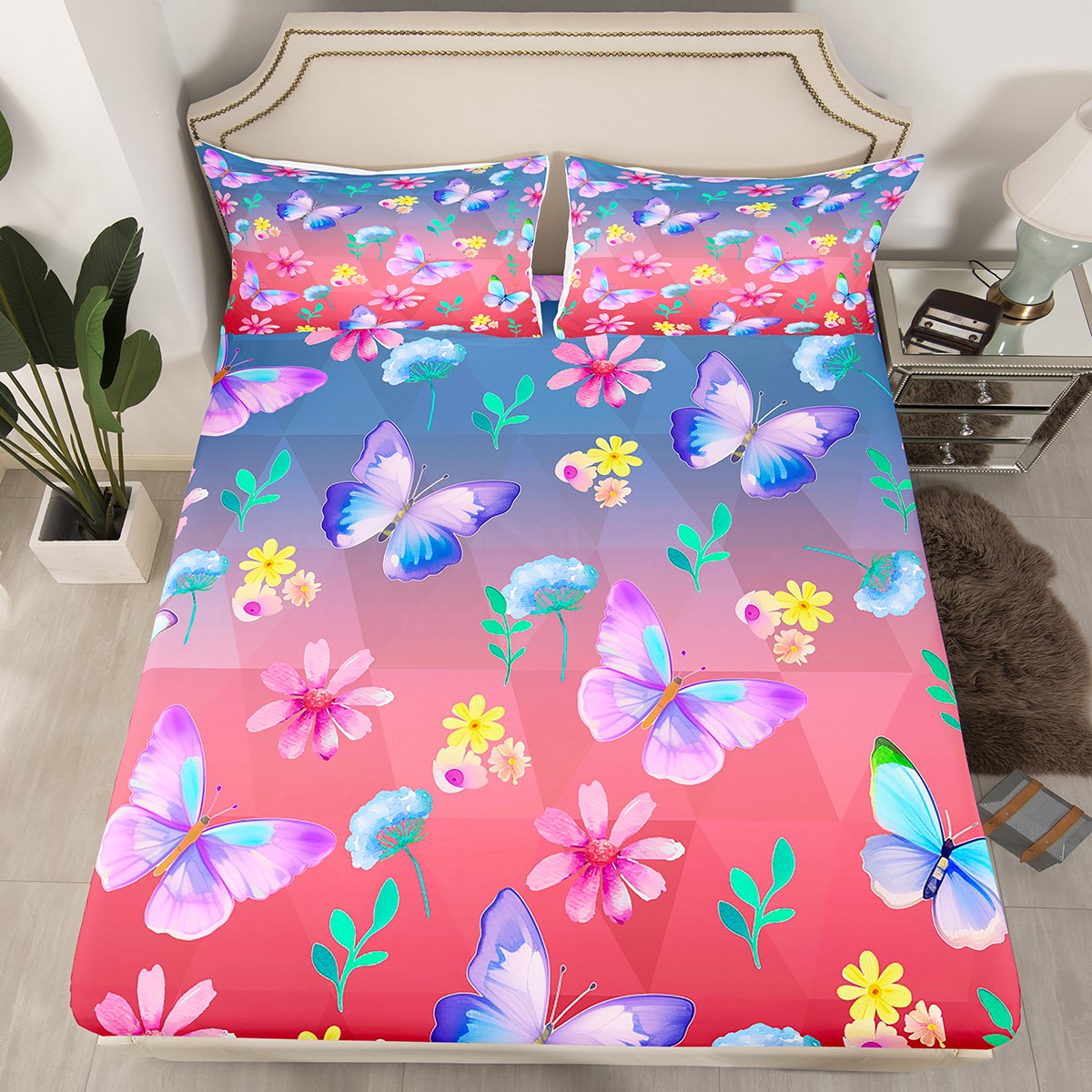 Butterfly Fitted Sheet Watercolor Butterflies Bed Sheets Queen,Rainbow ...