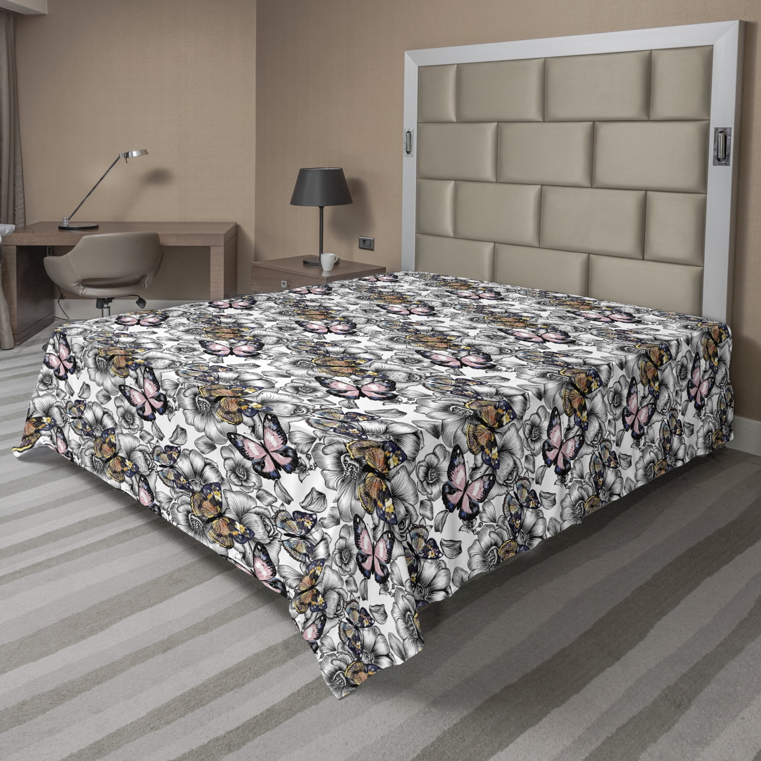 Ambesonne Floral Flat Sheet, Monarch Butterfly Retro, King Size ...