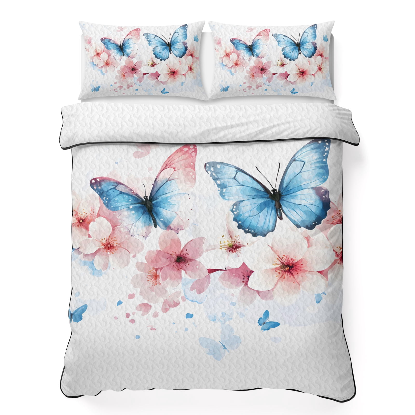 Butterfly Floral 3 Piece Quilt Bedding Set with 2 Pillow Shams ...
