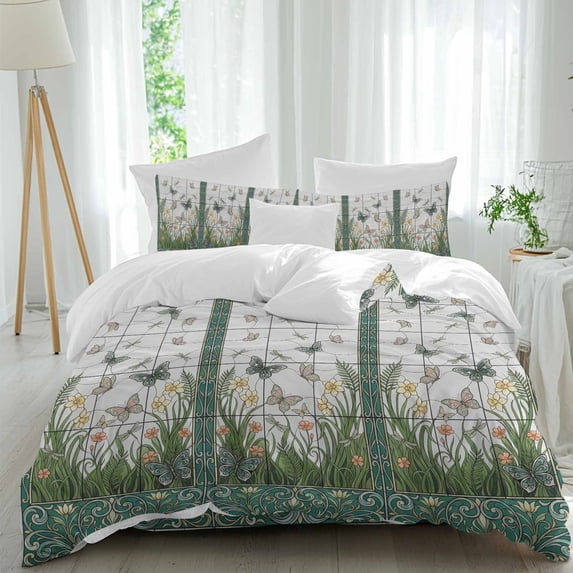 Butterfly Floral 4 Piece Duvet Cover Set Queen Size Retro Dragonfly ...