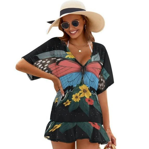 Butterfly Floral Art Print Beach Cover Ups Women V Neck Short Sleeve ...