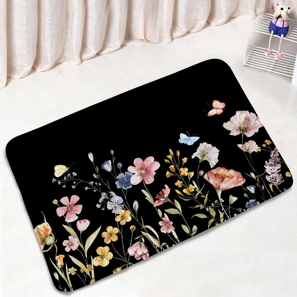 Butterfly Floral Bath Mat Set Rustic Spring Pink Purple Yellow Flowers ...