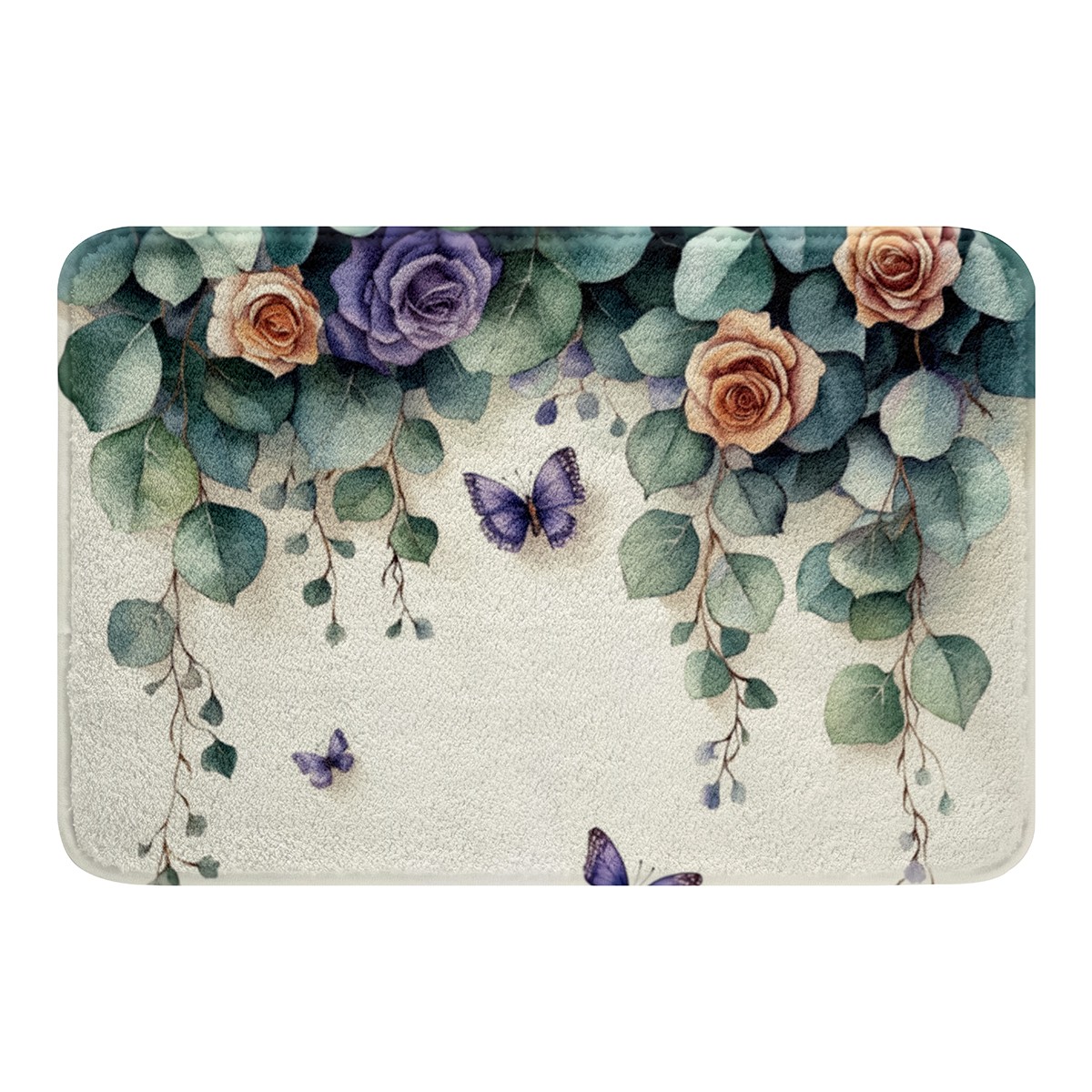 Butterfly Floral Bathroom Rug Set,Pink Purple Flower Plant Bath Mat for ...