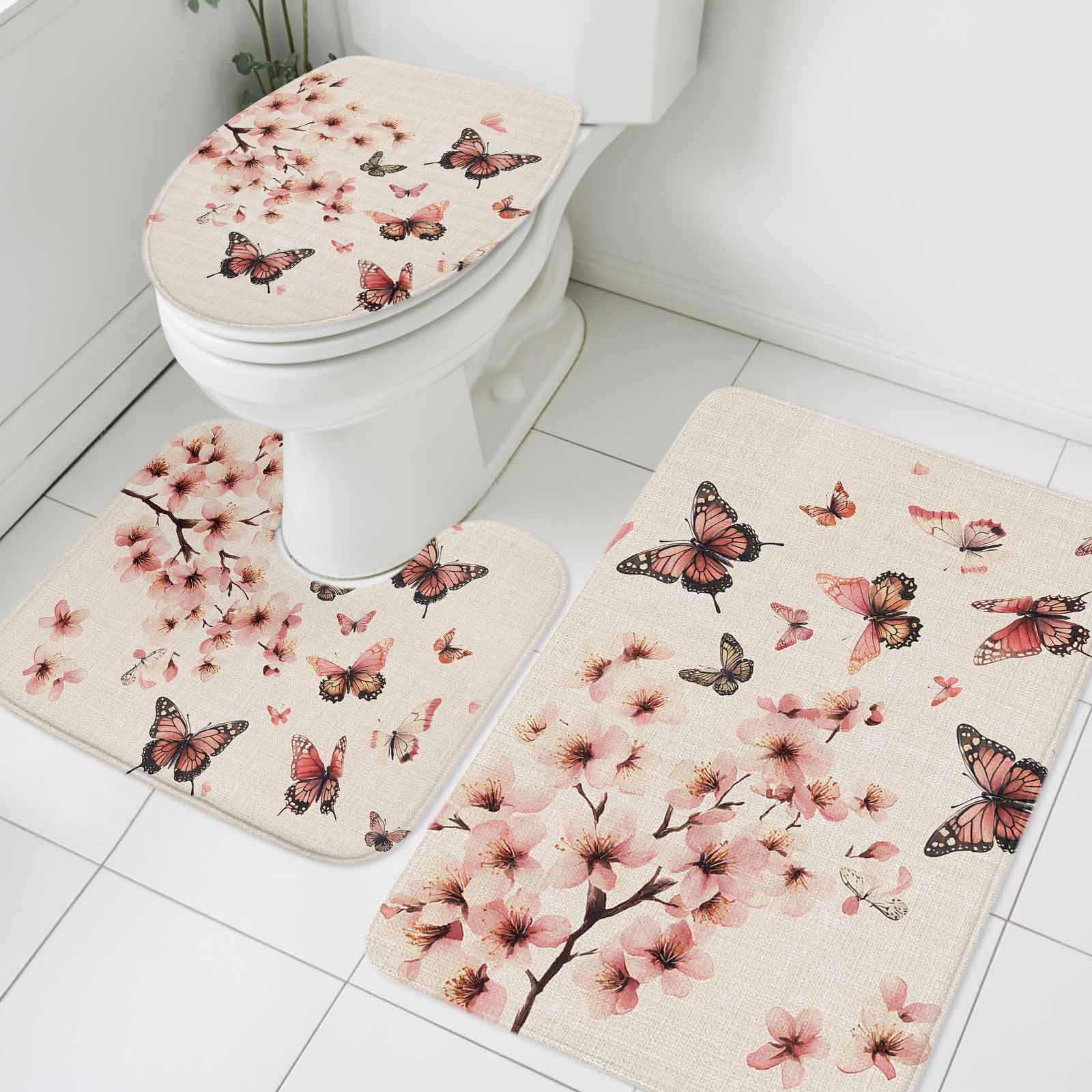 Butterfly Floral Bathroom Rugs Set Watercolor Pink Flower Butterflies ...