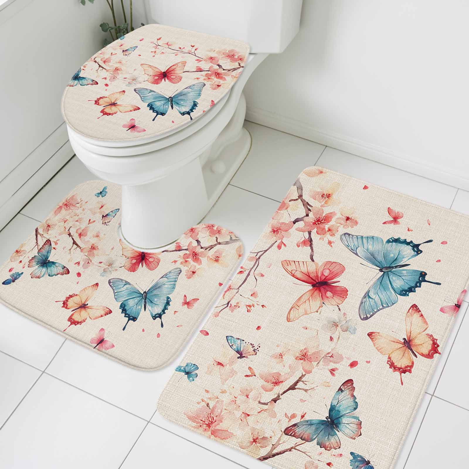 Butterfly Floral Bathroom Rugs Set Watercolor Pink Red Blue Flower ...