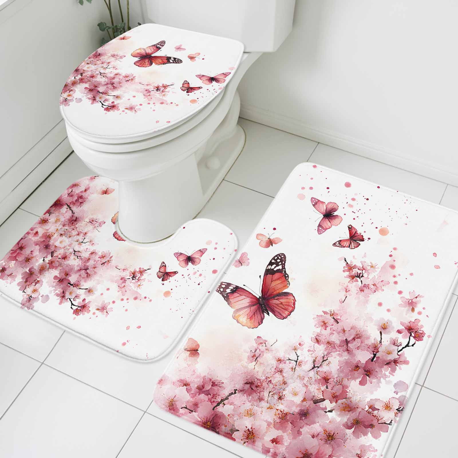 Butterfly Floral Bathroom Rugs Set Watercolor Pink Red Flower ...