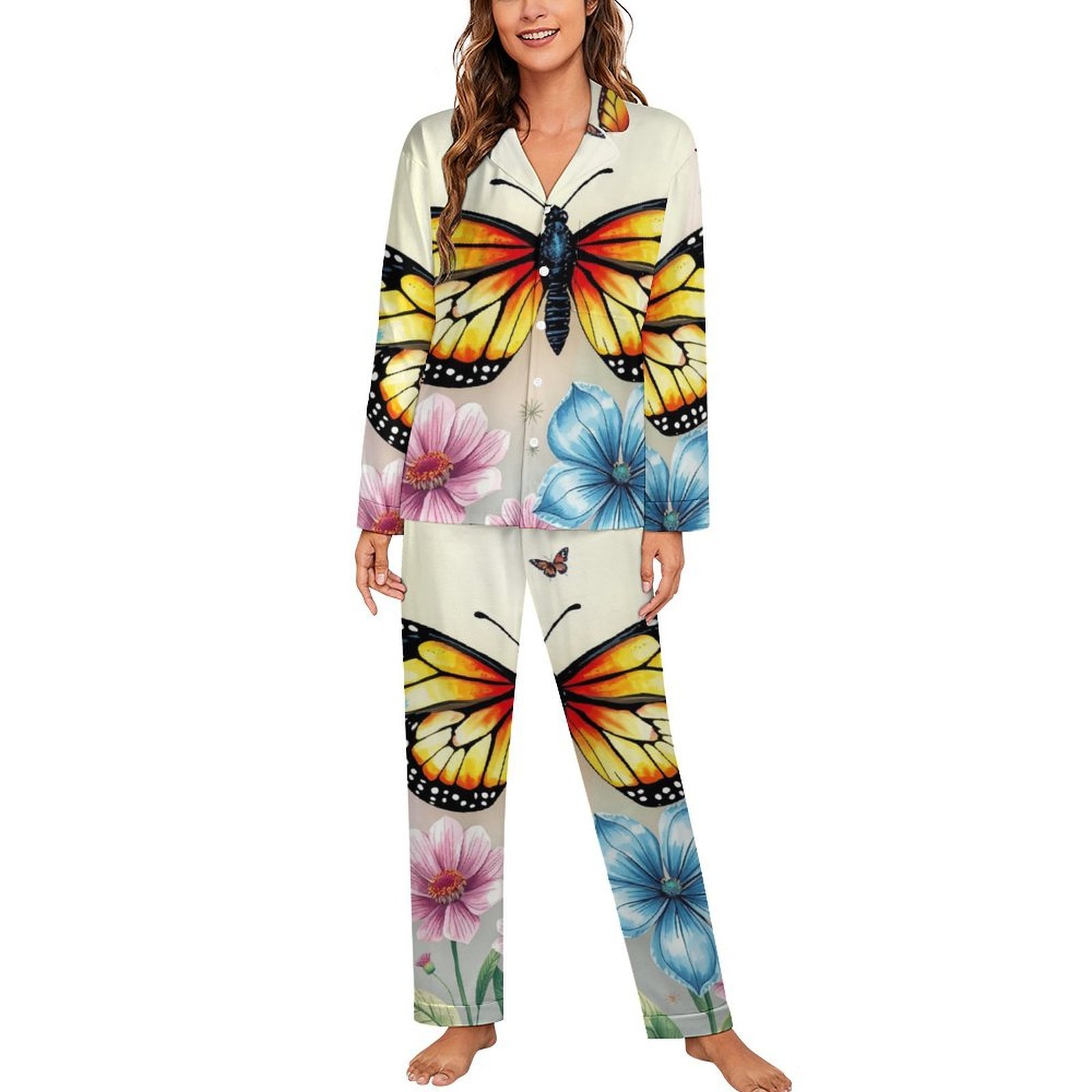 Butterfly Floral Beauty Pajamas Woman Home Suit Autumn Long Sleeve 2 ...