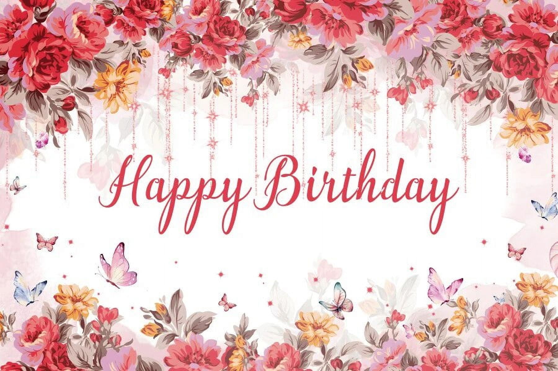 Butterfly Floral Birthday Backdrop Pink And Red Flowers Gold String ...