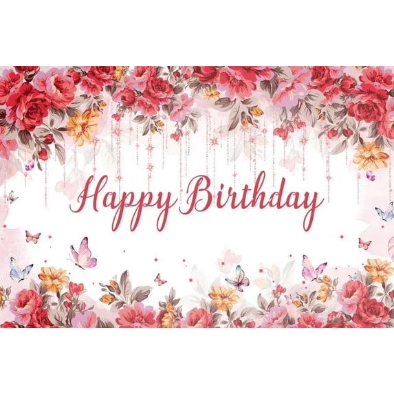 Butterfly Floral Birthday Backdrop Pink And Red Flowers Gold String ...