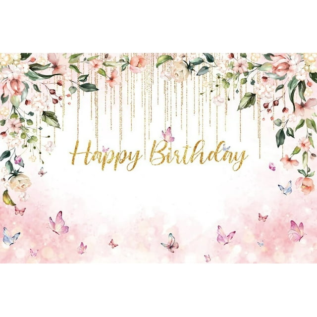 Butterfly Floral Birthday Backdrop Pink And Red Flowers Gold String ...