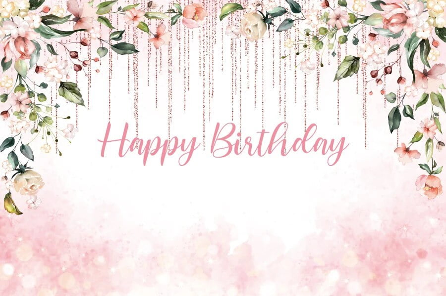 Butterfly Floral Birthday Backdrop Pink And Red Flowers Gold String ...