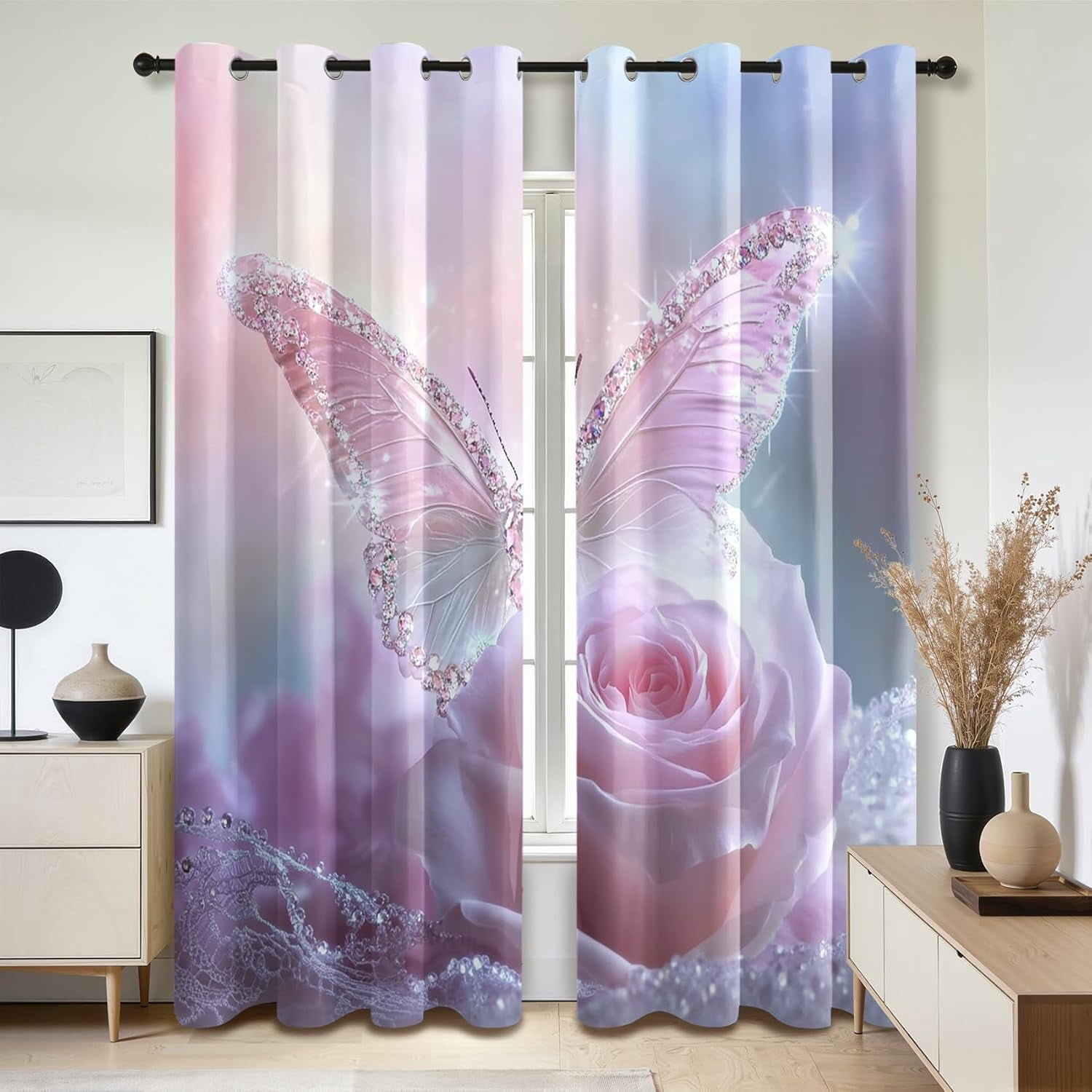 Butterfly Floral Blackout Curtains, Romantic Butterfly Flower Window ...