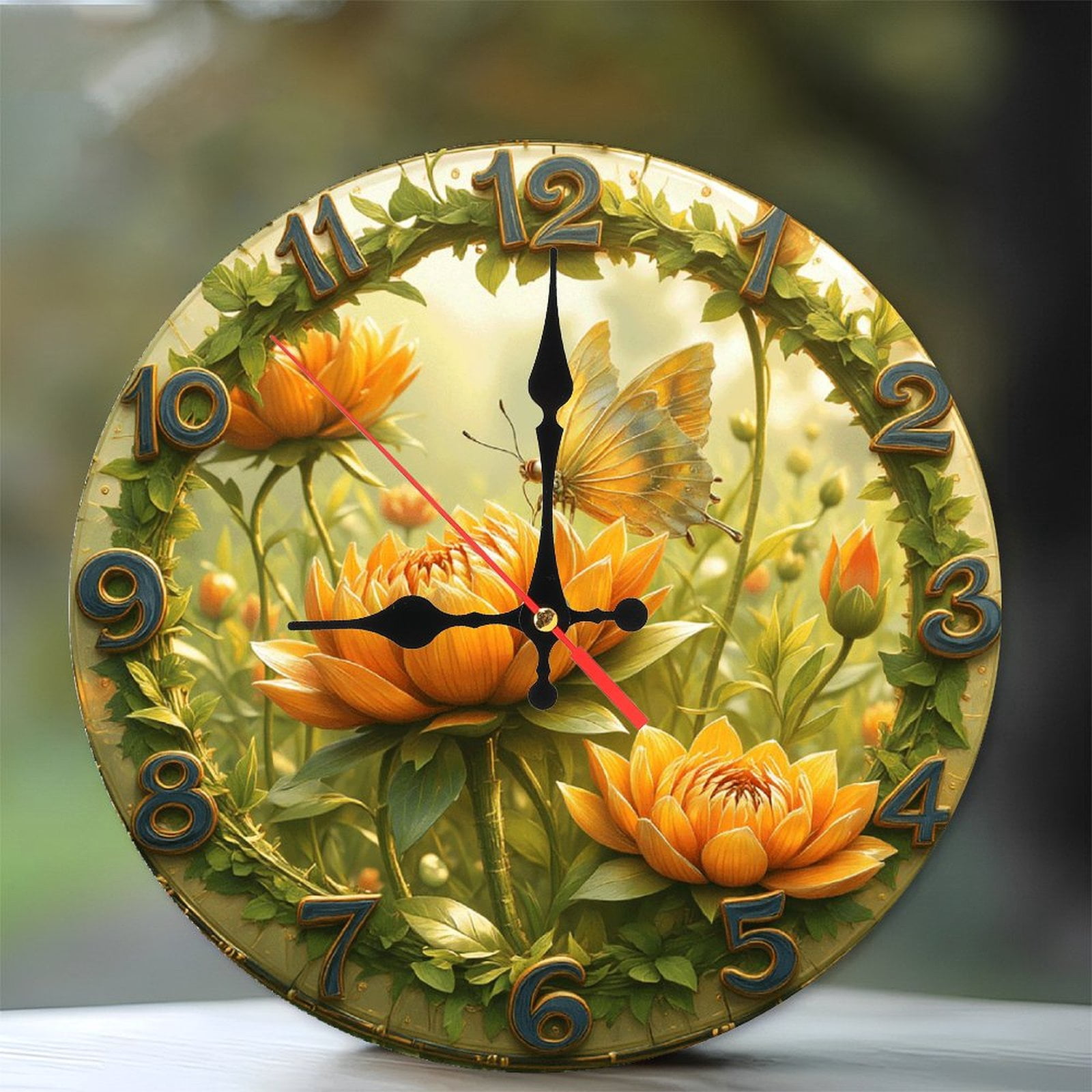 Butterfly Floral Clock 10-Inch Silent Wooden Wall Clock, Battery ...