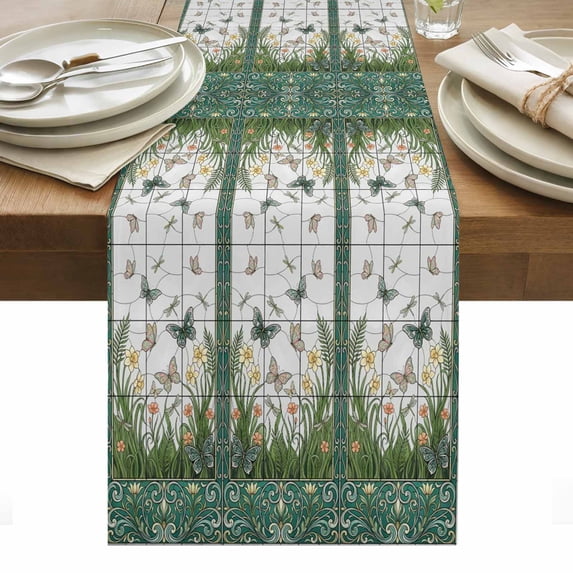 Butterfly Floral Cotton Linen Table Runner Retro Dragonfly Butterfly ...