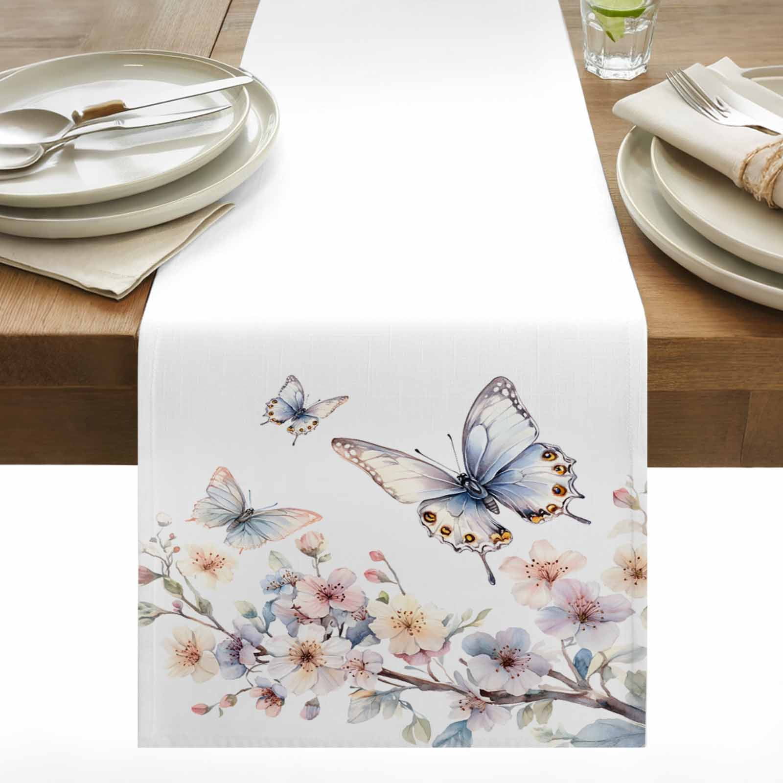 Butterfly Floral Cotton Linen Table Runner Watercolor Colorful ...
