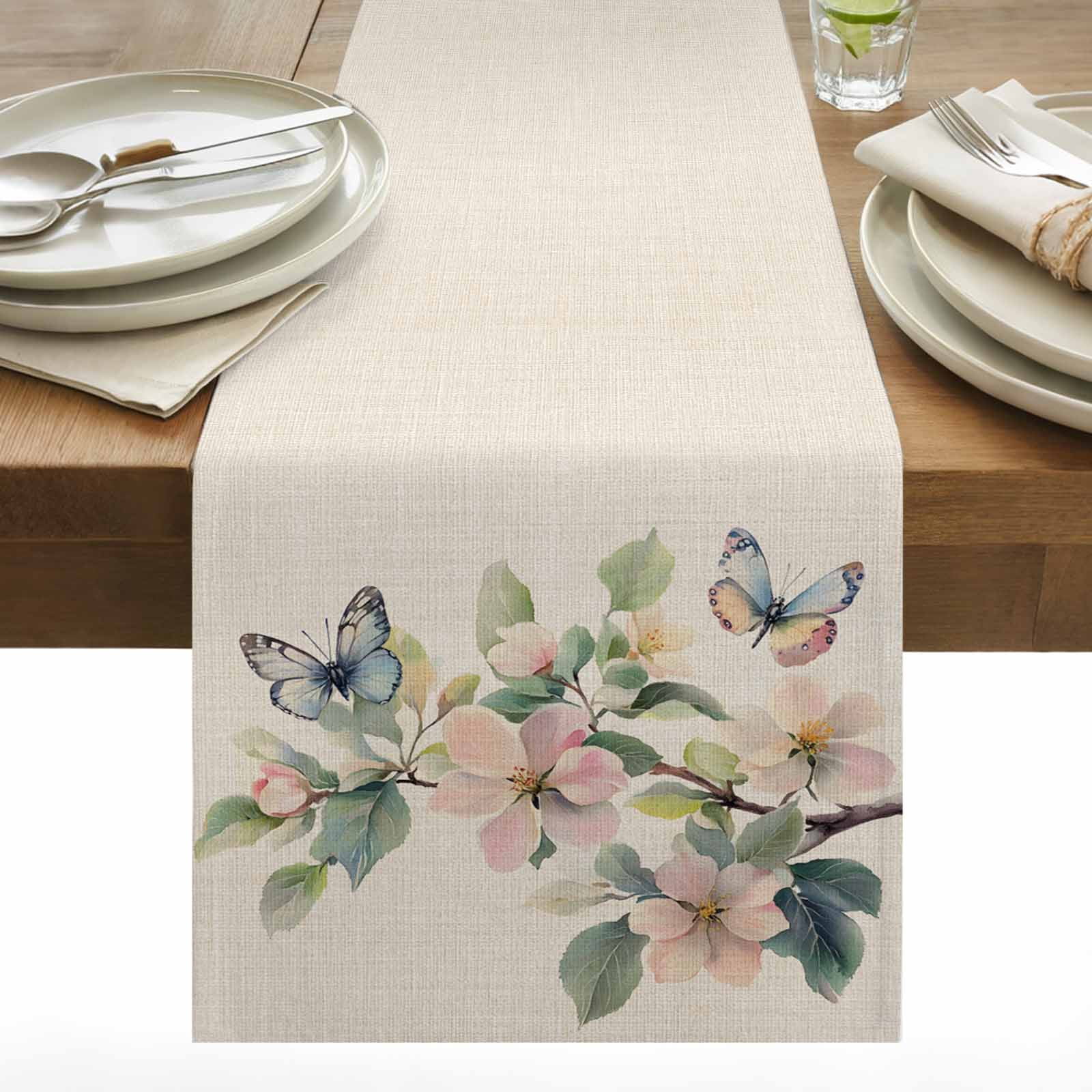 Butterfly Floral Cotton Linen Table Runner Watercolor Pink Butterflies ...