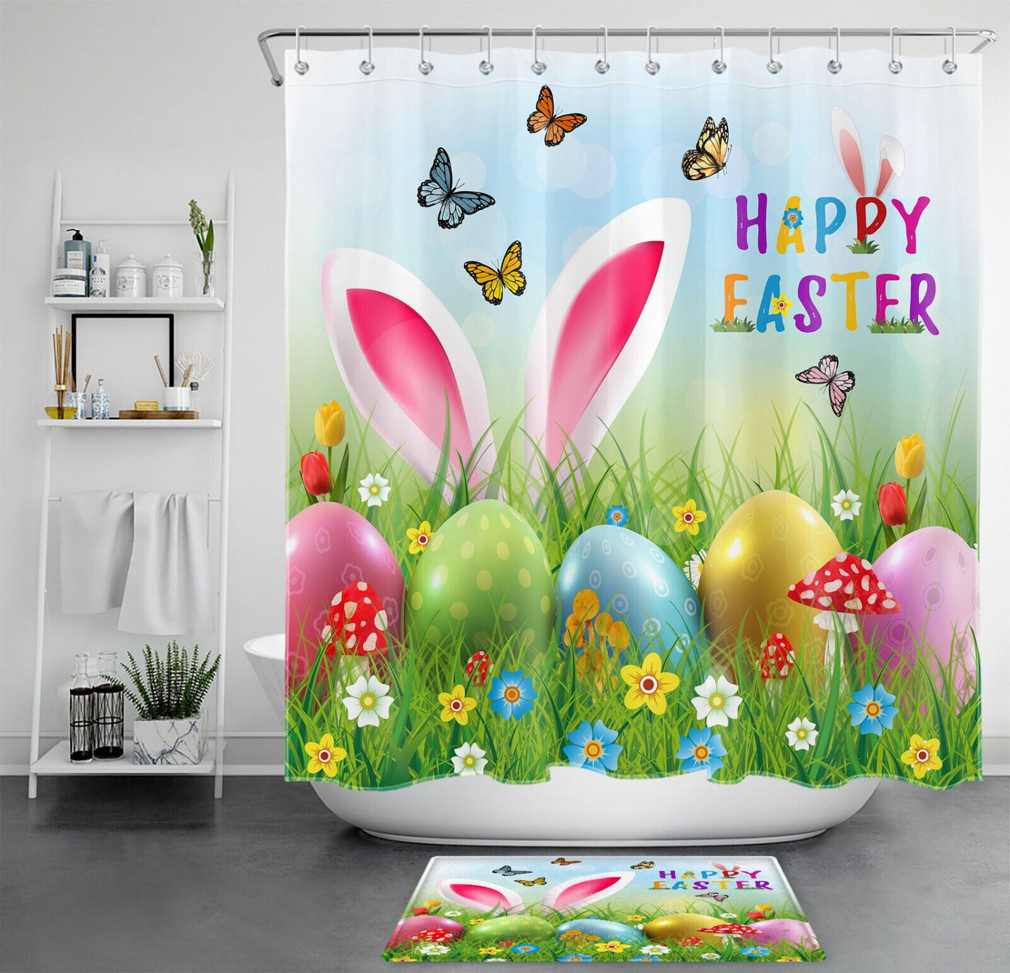 Butterfly Floral Cute Rabbit Easter Eggs Shower Curtain Bathroom ...