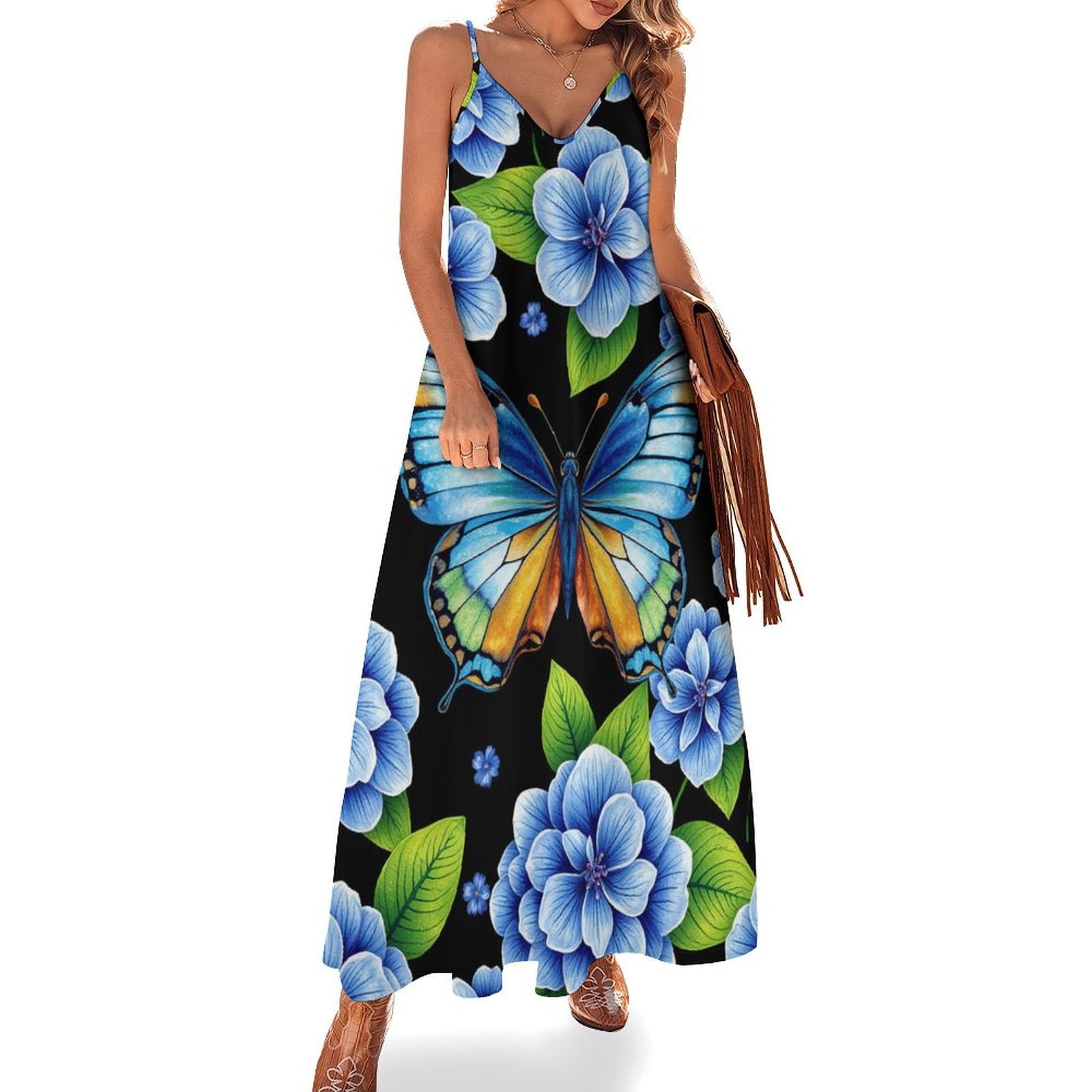 Butterfly Floral Design Sleeveless Dress Beach Outfits for Women Luxury Dress Dress Women Party ...