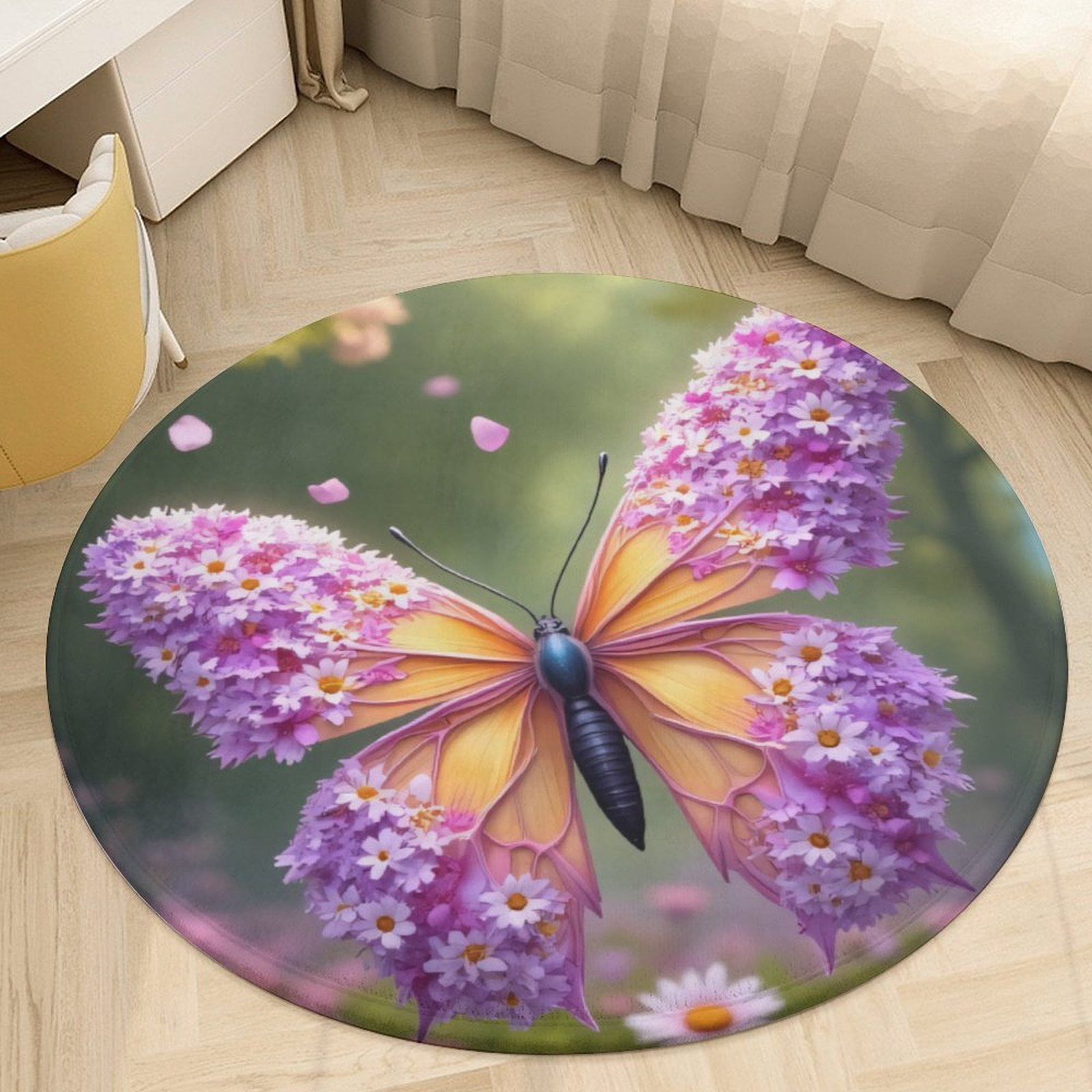 Butterfly Floral Fantasy-1 Round Area Rugs for Bedroom Living Room, 5FT ...