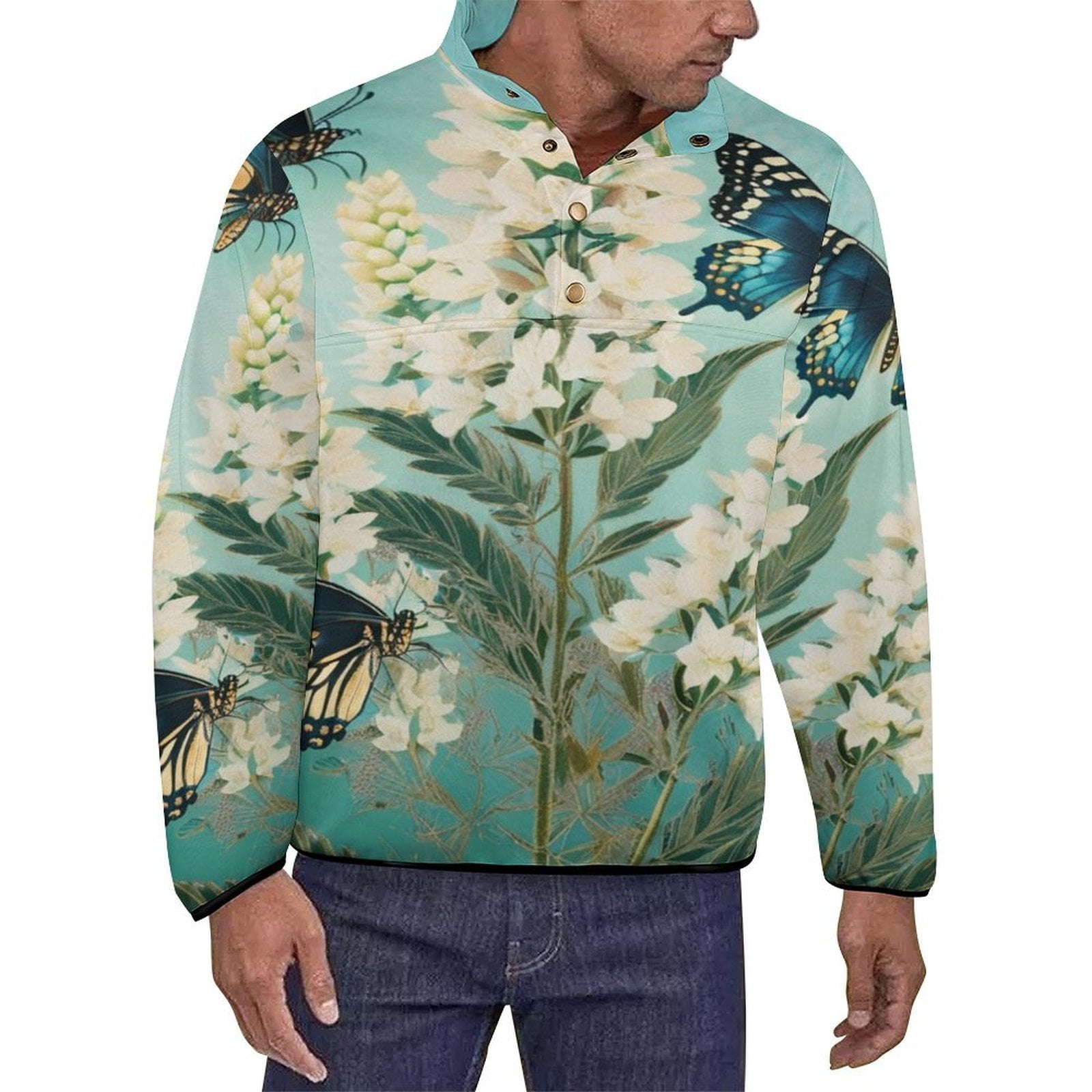 Butterfly Floral Garden Men's Stand Collar Sweater Long Sleeve Clothing ...